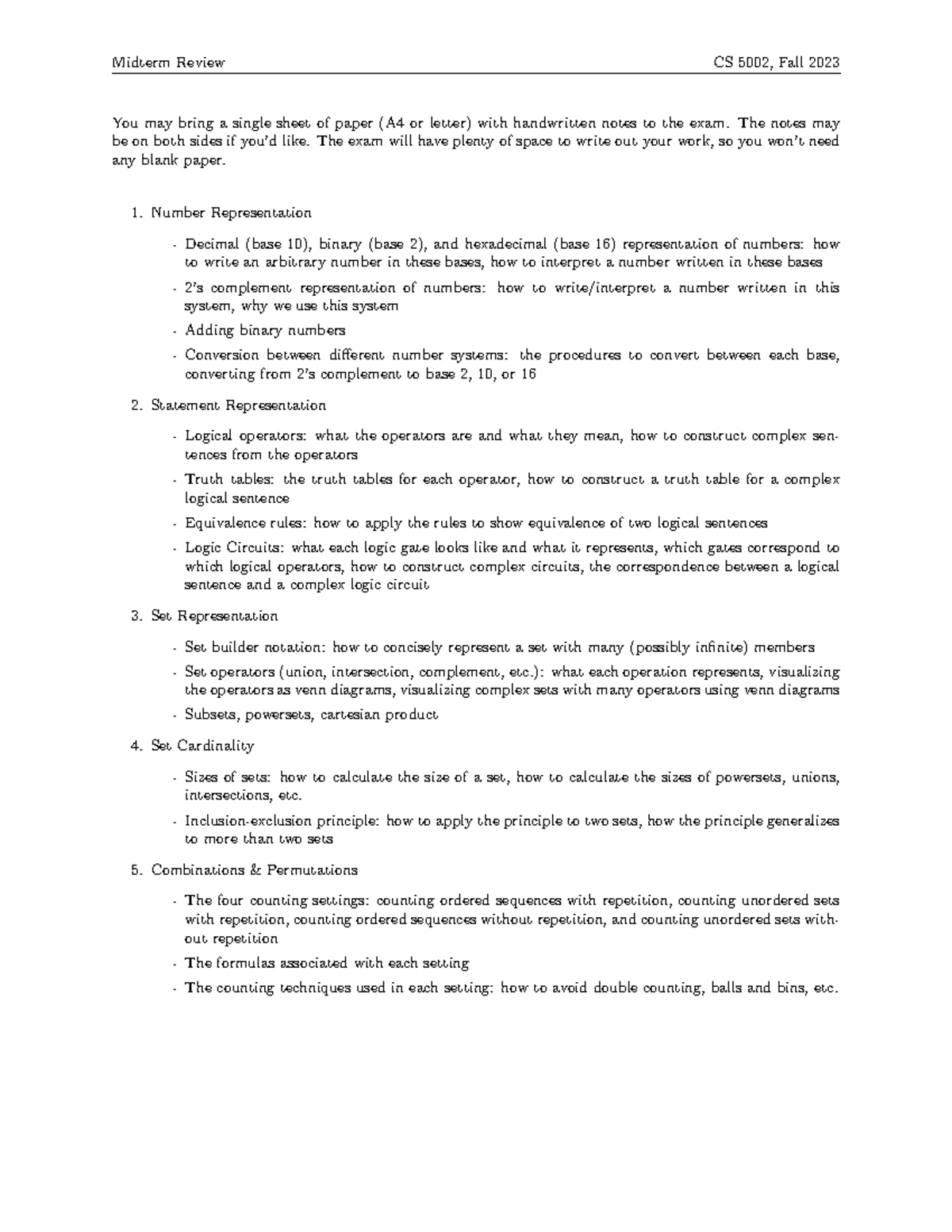 CS5002 Midterm Review - Midterm Review CS 5002, Fall 2023 You may bring a single sheet of paper ...