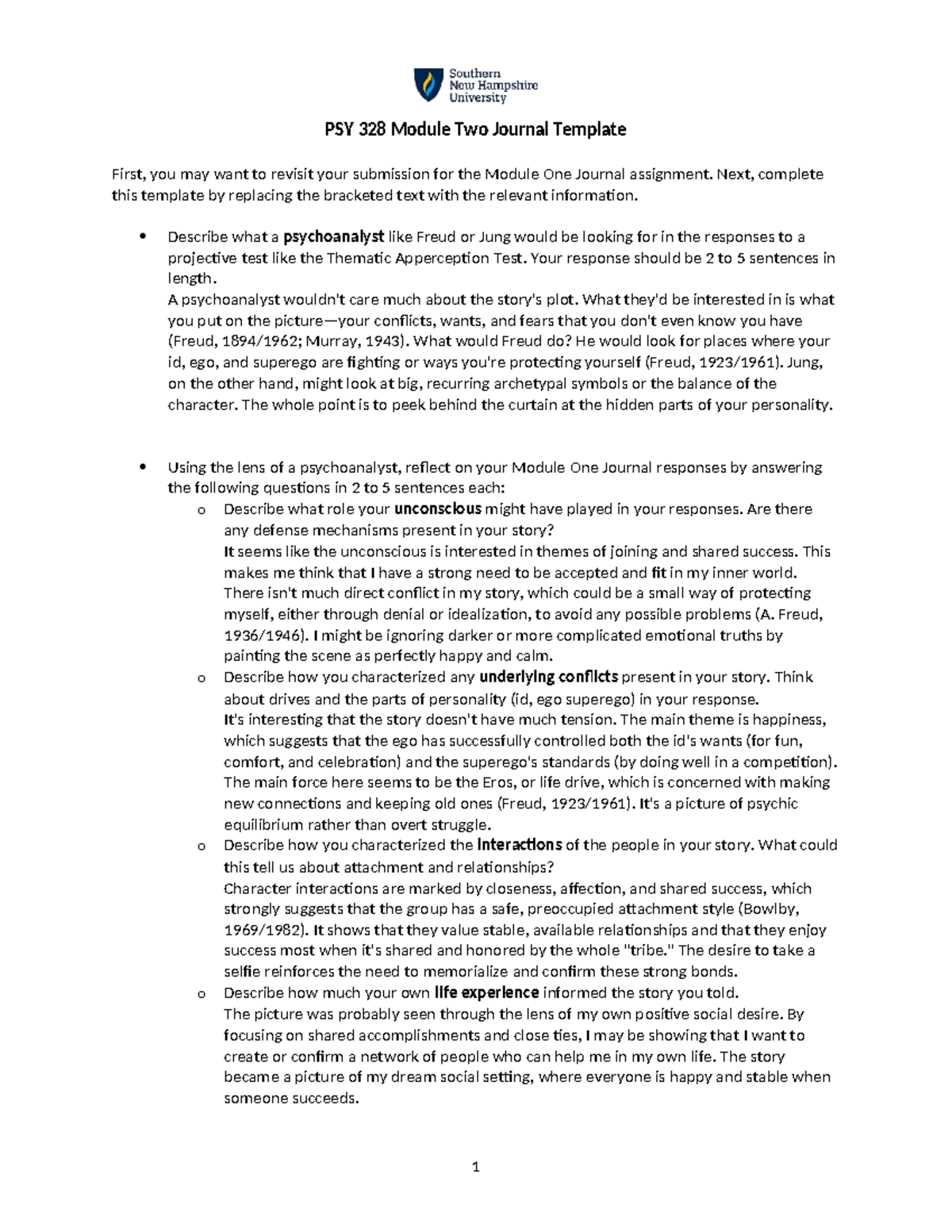 PSY 328 Module Two Journal: Psychoanalytic Reflections on Responses ...