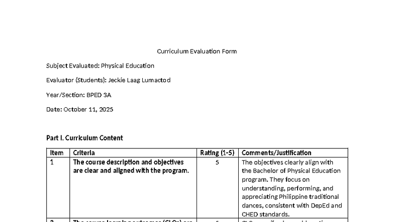 BPED 3A Curriculum Evaluation: Physical Education Syllabus Review - Studocu