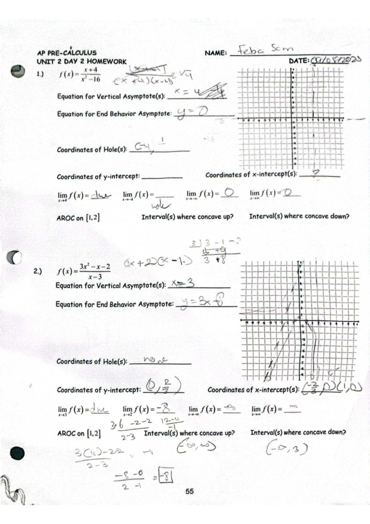 AP Calculus Homework: Unit 2 Day 2 Asymptotes and AROC Analysis - Studocu
