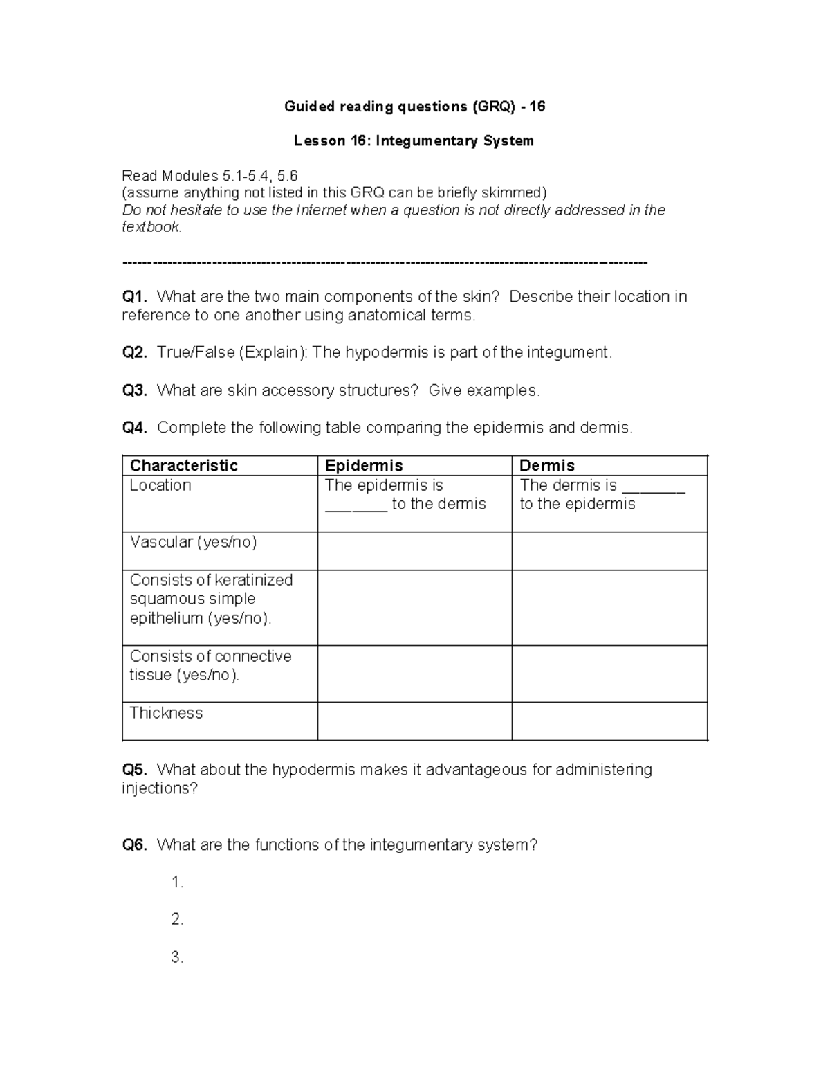 Guided Reading Q's for Integumentary System - Module 5.1-5.6 - Studocu