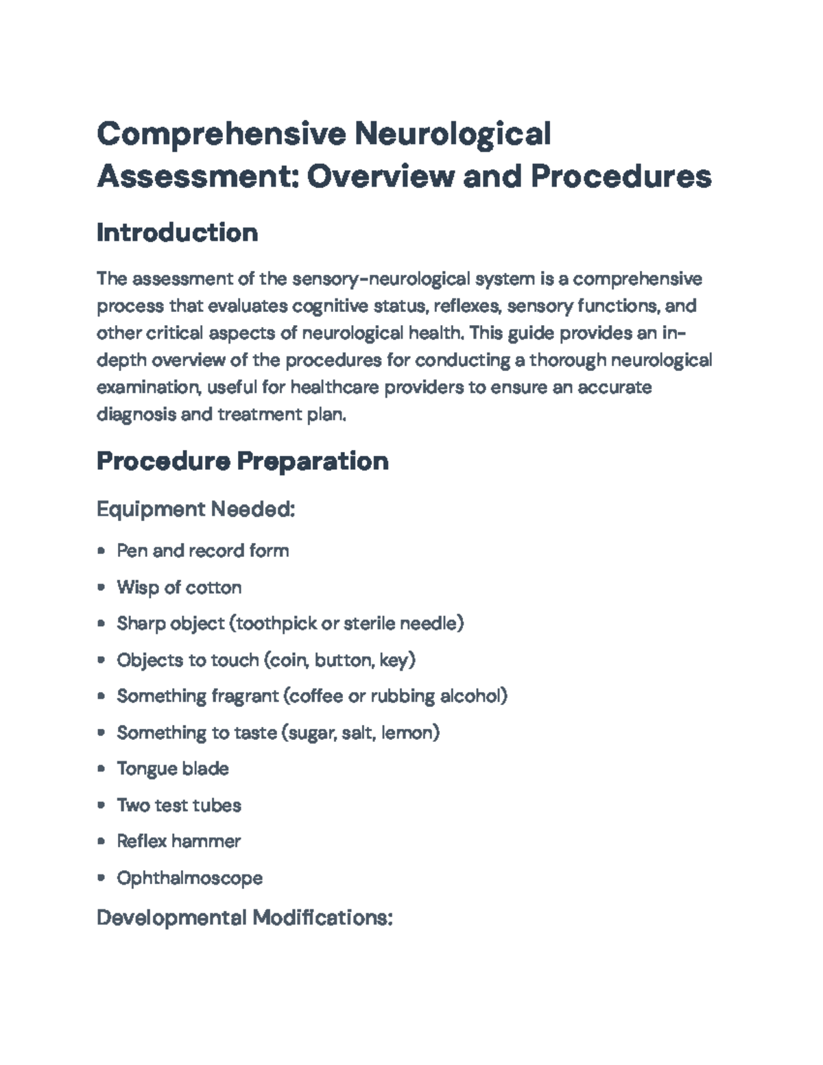 Comprehensive Neurological Assessment Procedures and Guidelines ...