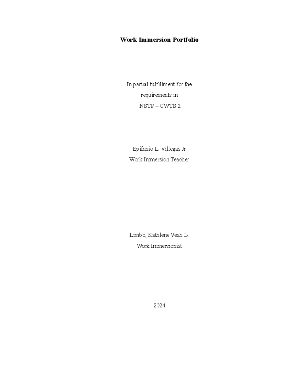 NSTP-CWTS 2 Work Immersion Portfolio of Katheleen Veah L. Limbo - Studocu