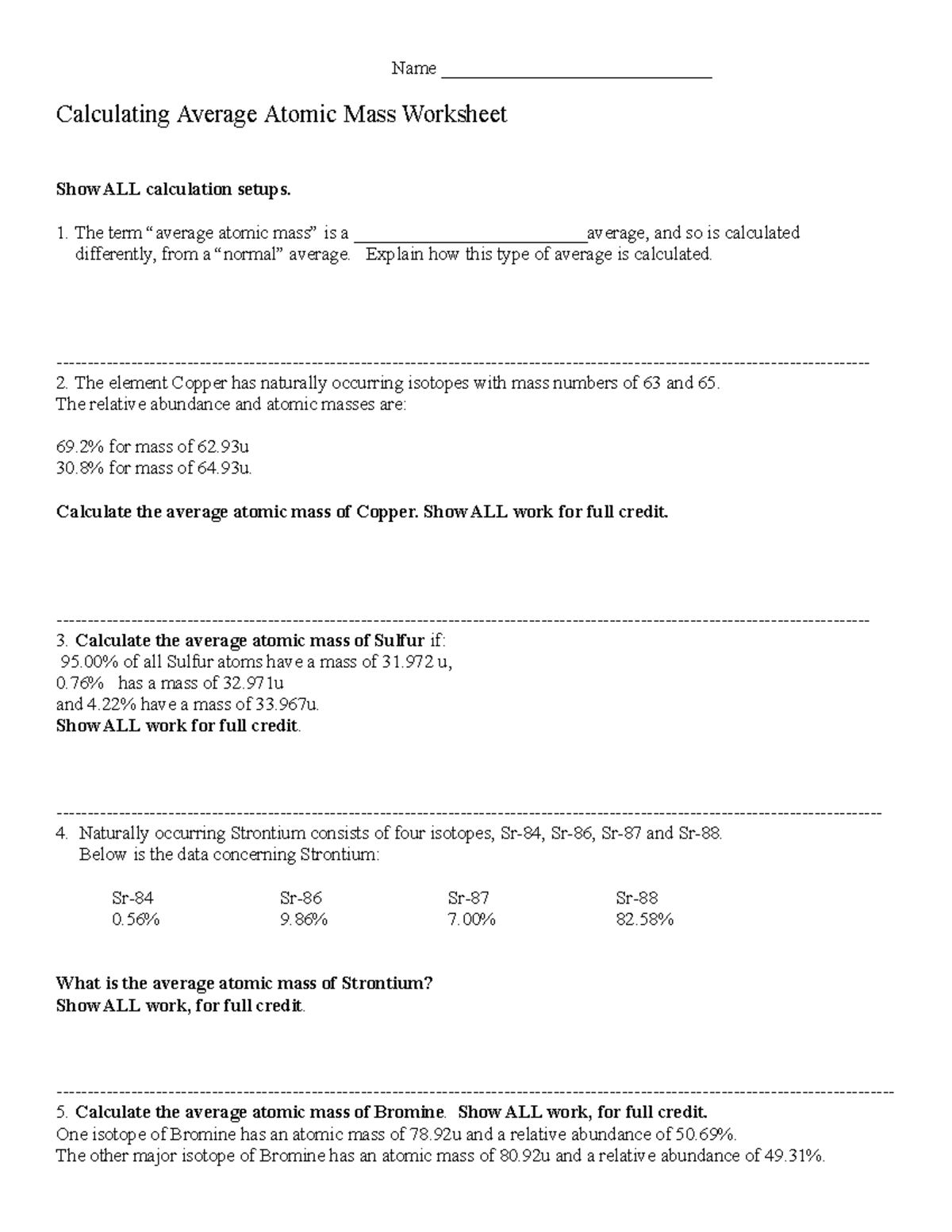 Calculating Average Atomic Mass Worksheet - Name ...