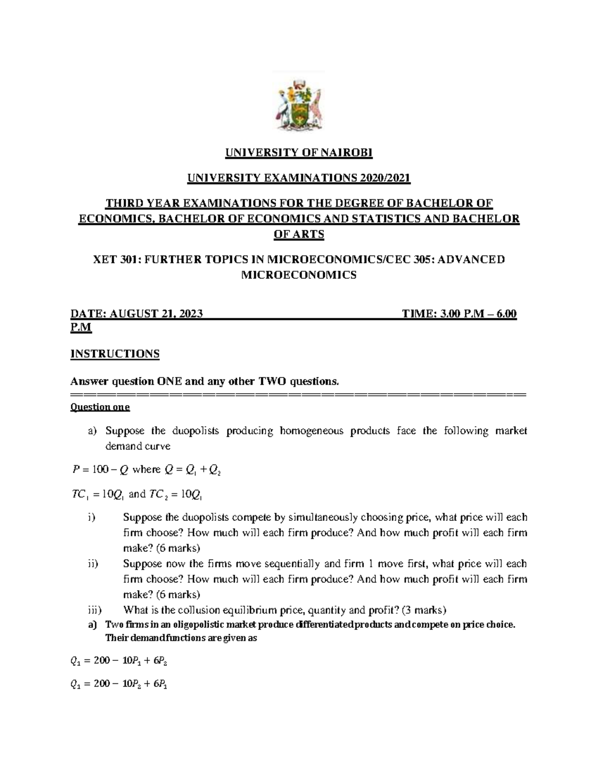 XET 301/CEC 305 Final Exam Supplementary August 2023 Guide - Studocu