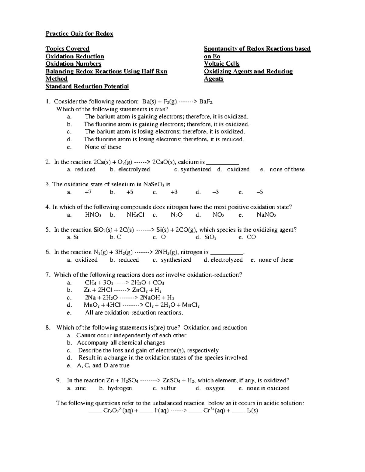 W - Redox Practice Quiz 11: Oxidation-Reduction Reactions - Studocu
