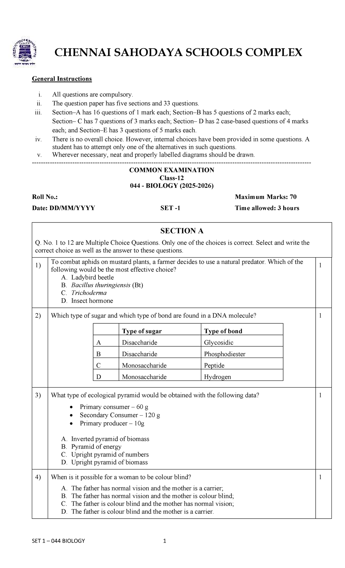 QP Biology 044 12 Common Examination Instructions and Questions SET 1 ...