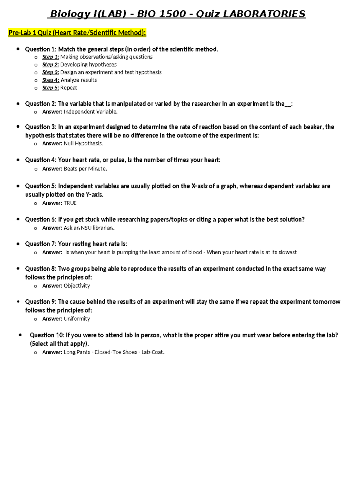 Biology I (LAB) - BIO 1500 - Pre-Lab Quiz Series Summary - Studocu