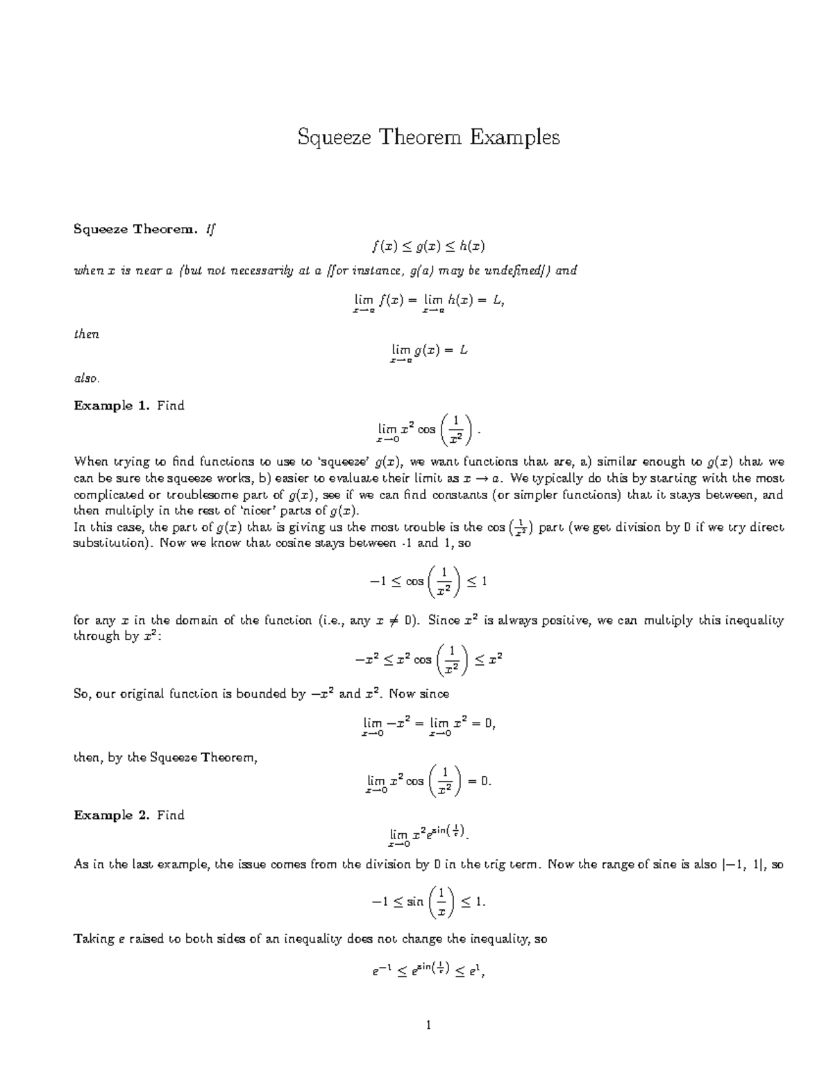 Squeeze Theorem Examples: Understanding Limits and Applications - Studocu
