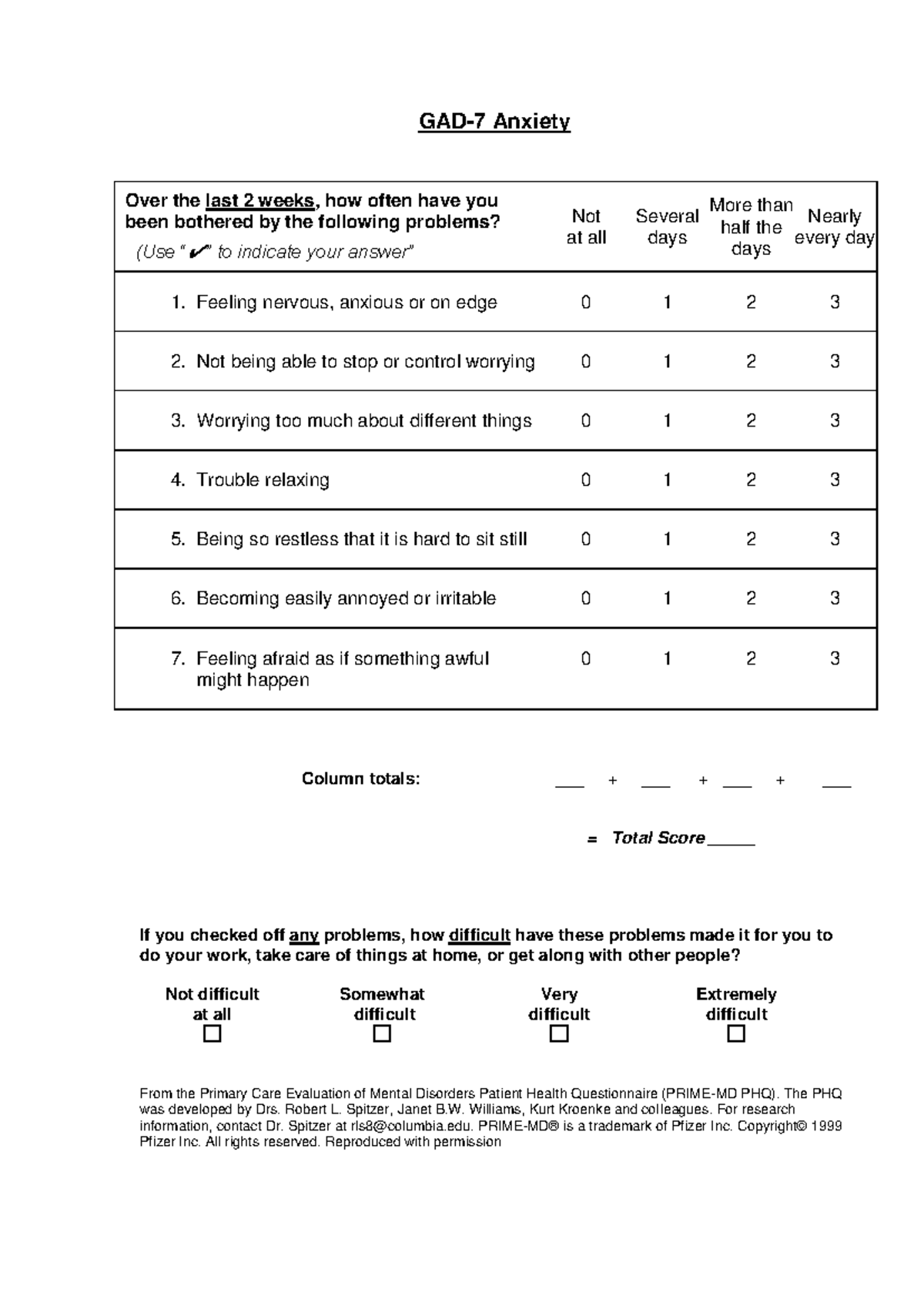 2 score sheet gad 7 anxiety and phq 9 depression - GAD-7 Anxiety Column ...