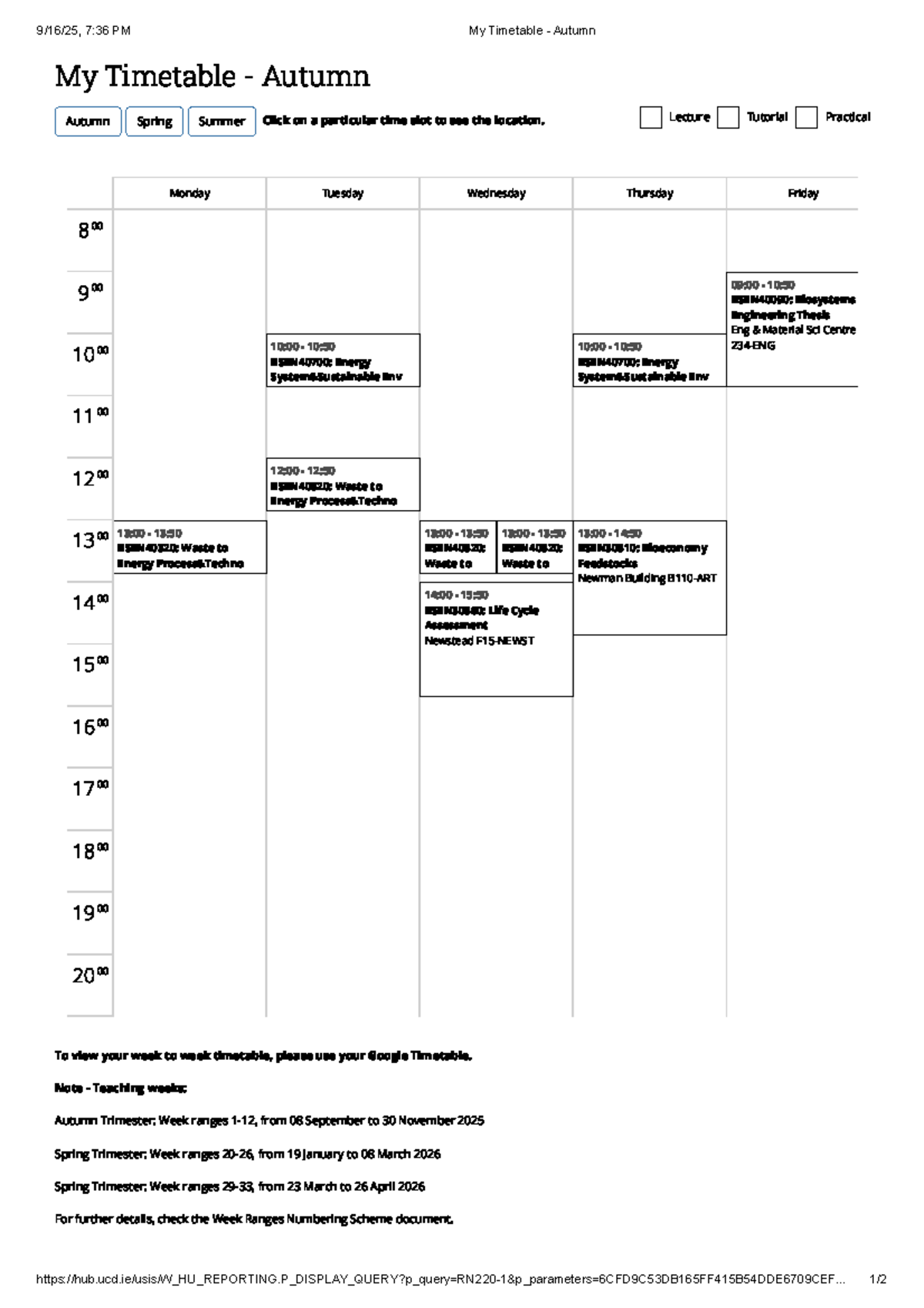 BSEN40700: Autumn Timetable Overview and Schedule - Studocu