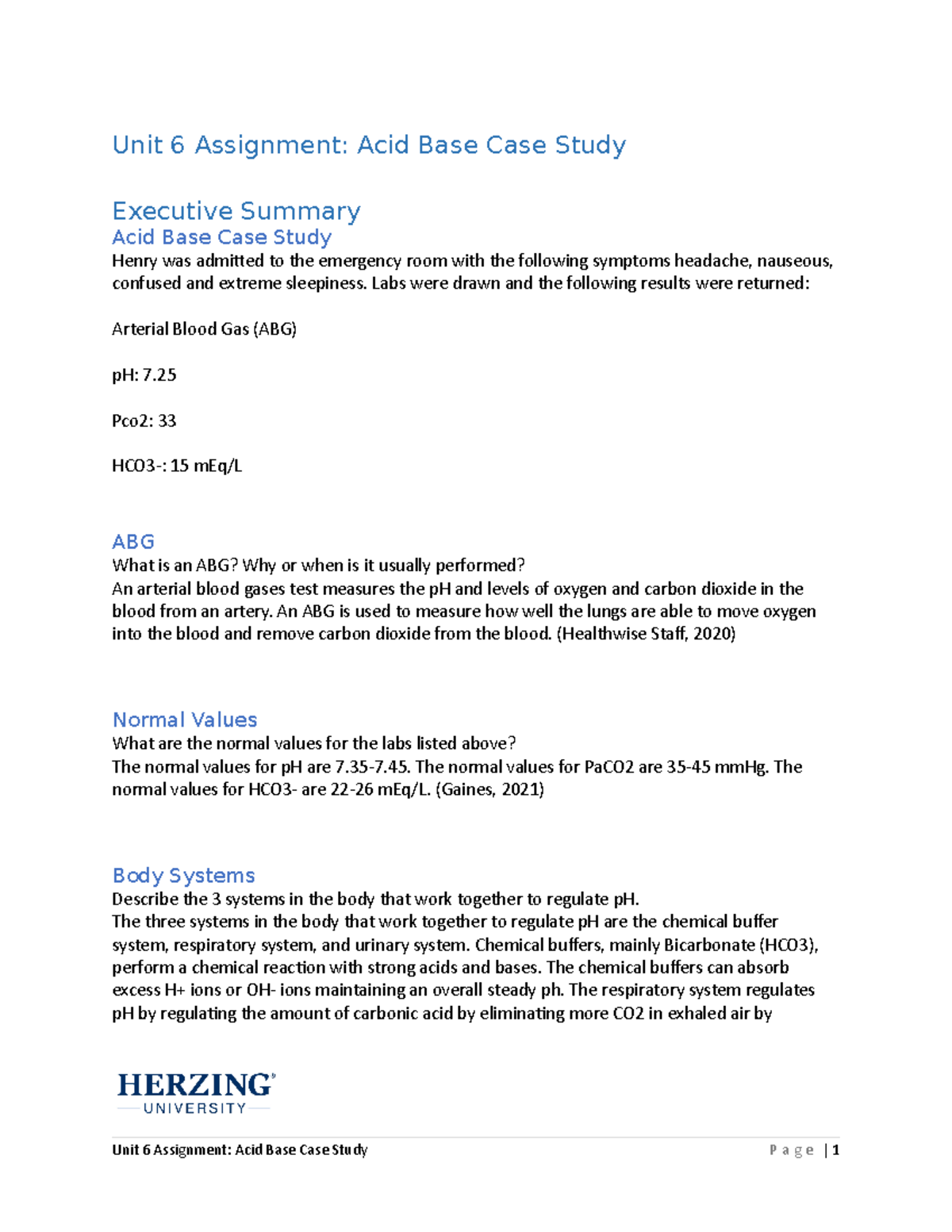 Unit 6 Assignment - Acid Base Case Study worksheet - Unit 6 Assignment: Acid Base Case Study ...