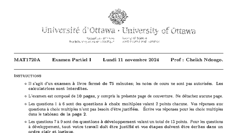 MAT1720A Examen Partiel I - Lundi 11 Nov 2024 - Prof. Cheikh Ndongo ...