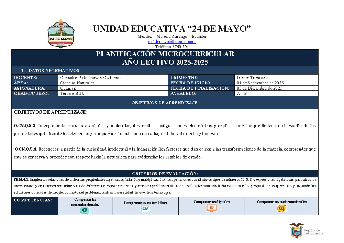 Planificación Microcurricular Química 3ero BGU - Primer Trimestre 2025 ...