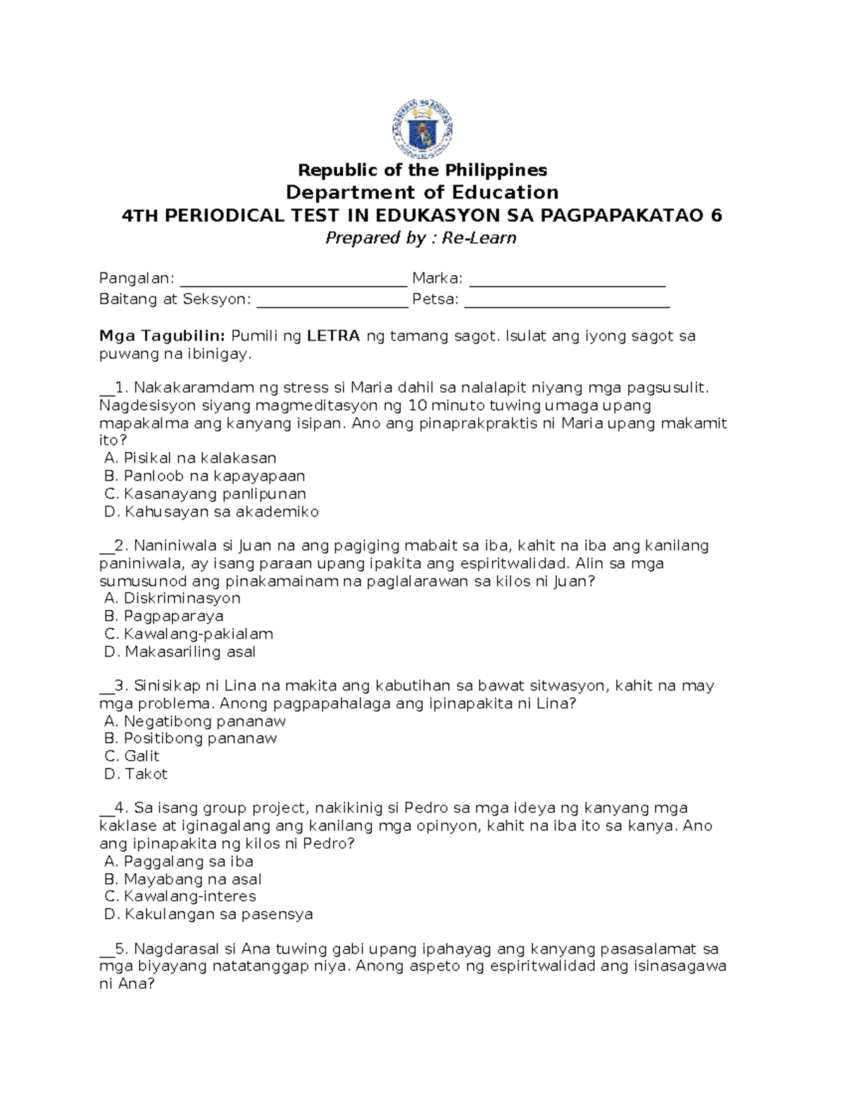 Q4 Periodical Test in Edukasyon sa Pagpapakatao 6 (Re-Learn) - Studocu