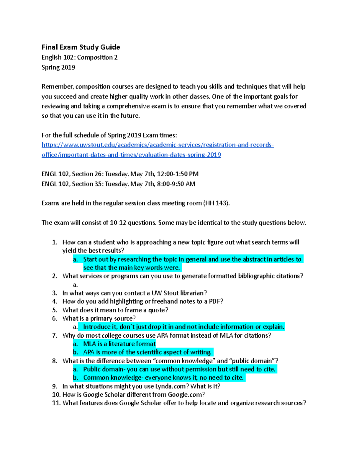 Final Exam Study Guide English 102: Composition 2 Spring 2019 - Studocu