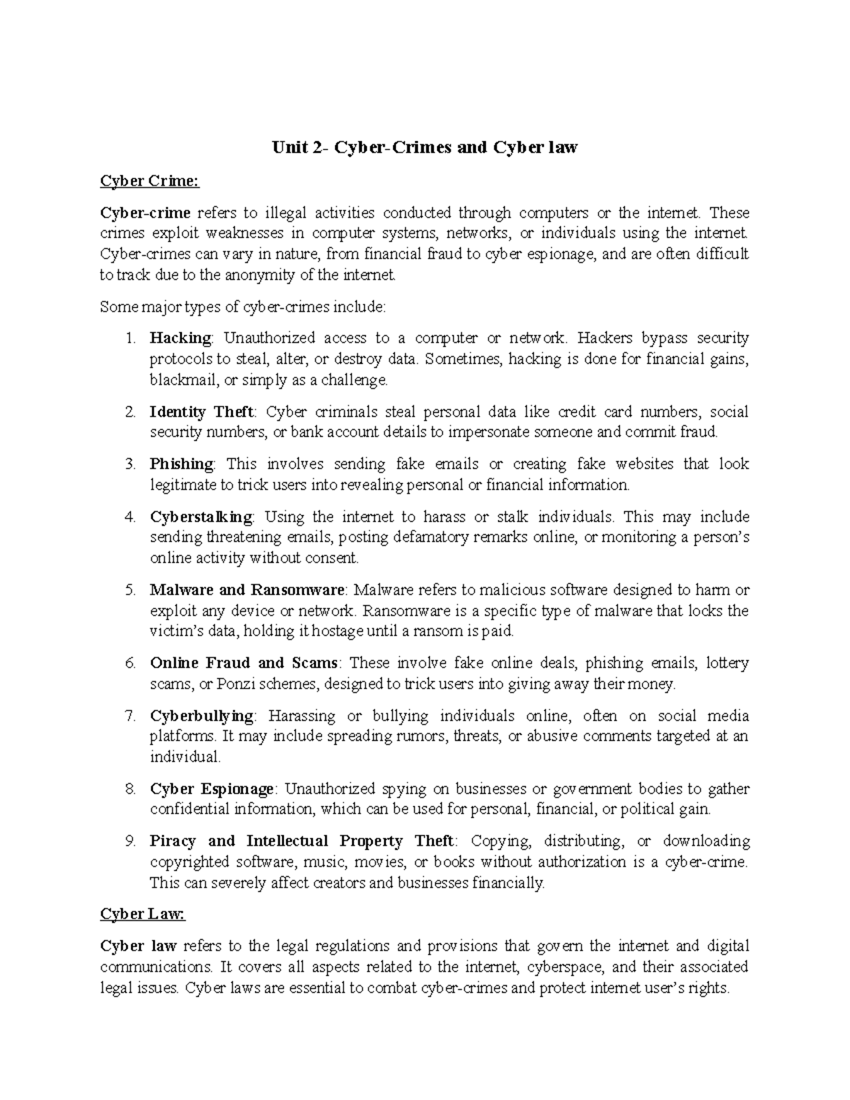 Unit 2 - Cyber Crimes and Cyber Law Overview - Studocu