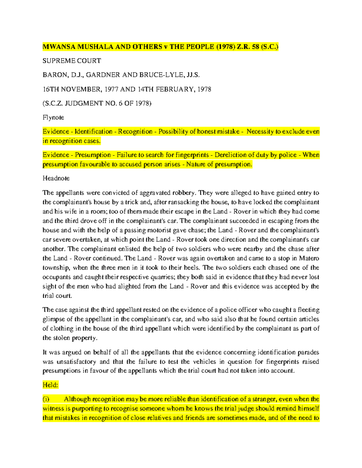 Mwansa Mushala & Ors v The People (1978) Z.R. 58: S.C. Judgment ...