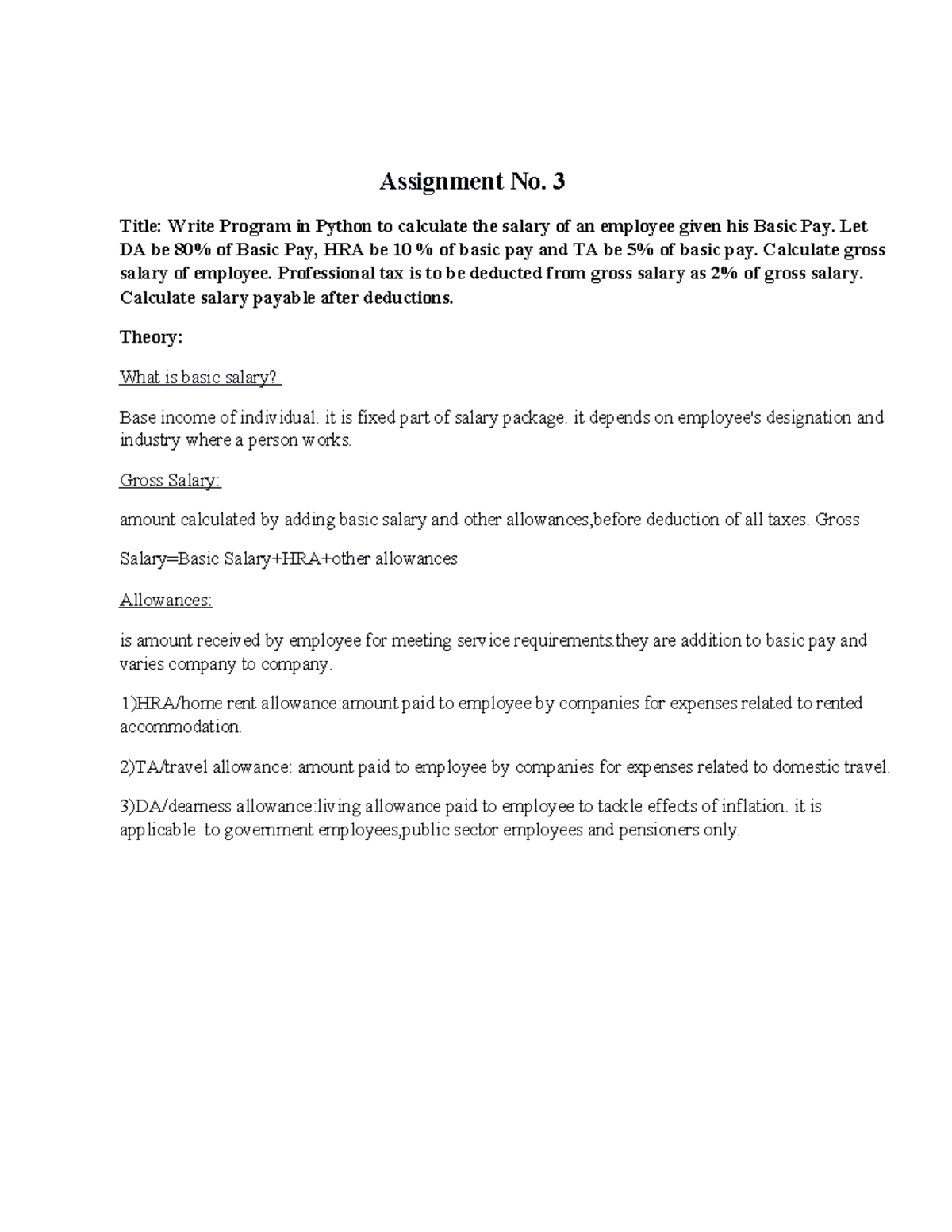 PPS Practical Assignment 3: Python Program for Employee Salary Calculation - Studocu