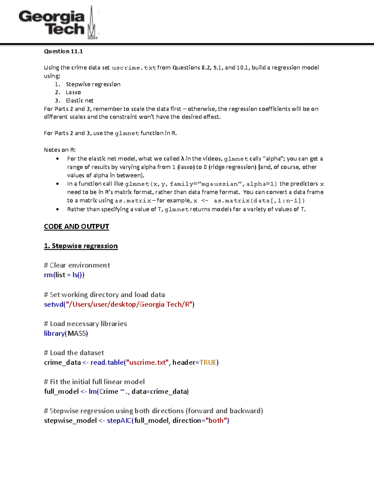 Homework 8: Regression Analysis Using Stepwise, Lasso, and Elastic Net - Studocu
