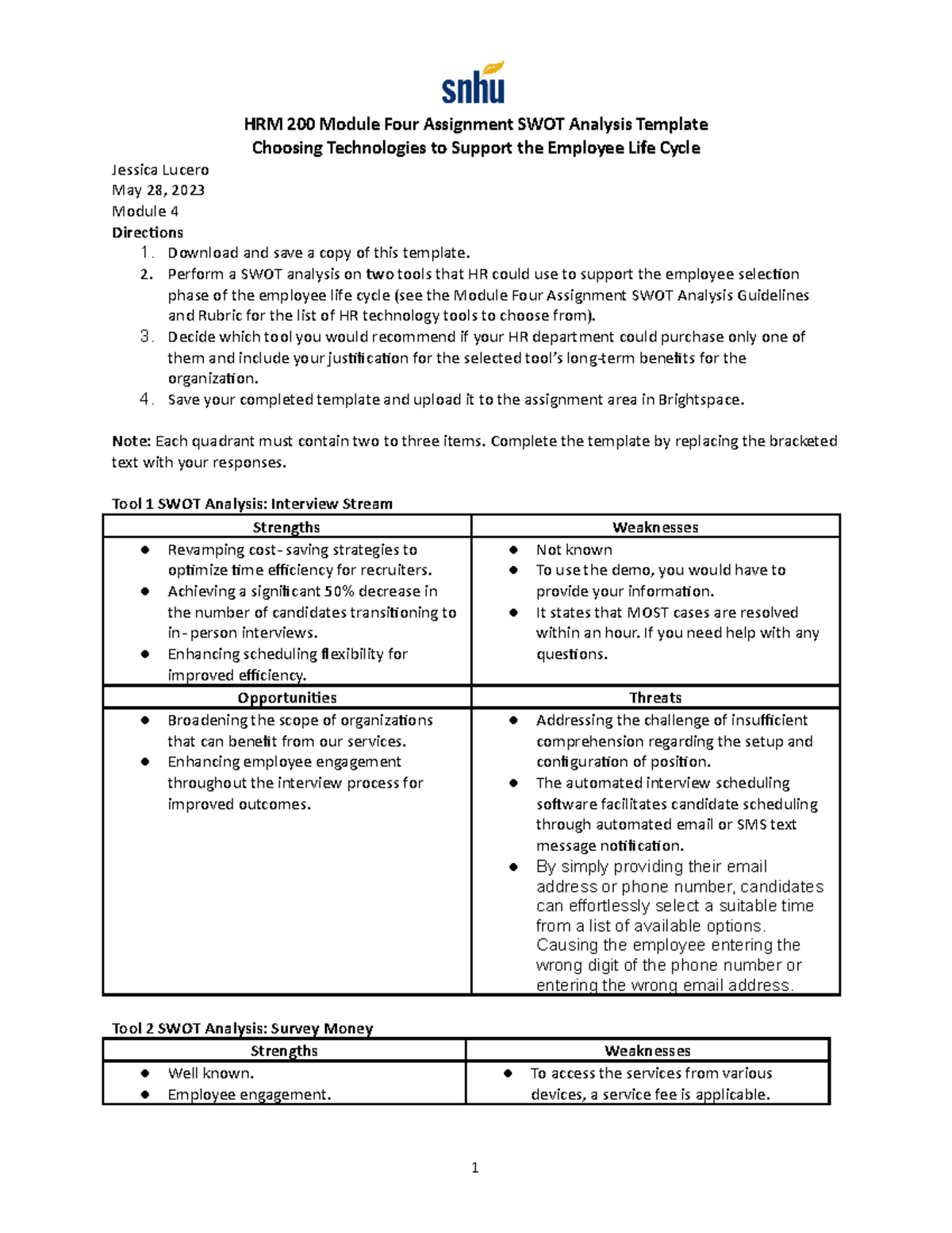 HRM 200 Module 4 Assignment: SWOT Analysis of Interview Tools - Studocu