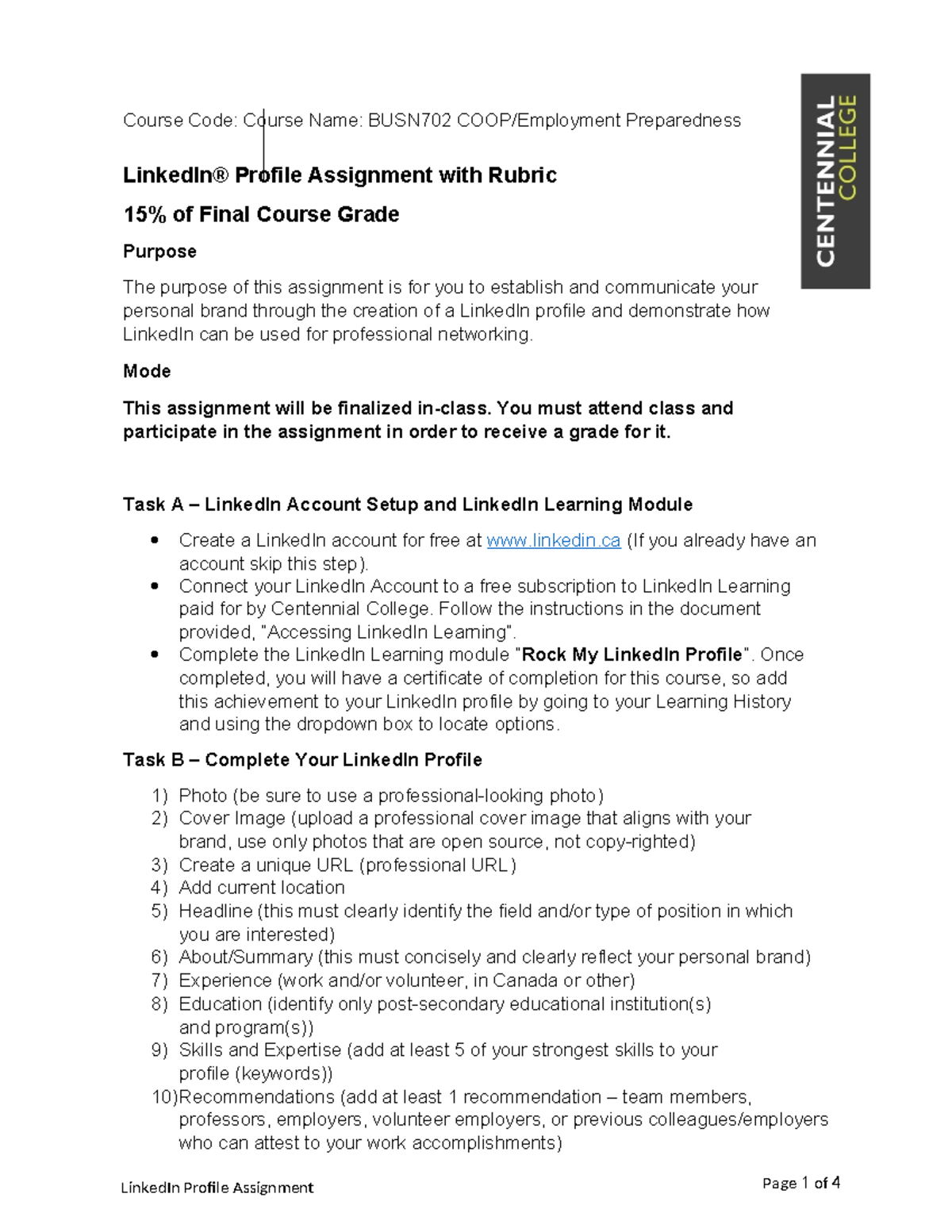 BUSN702 LinkedIn Profile Assignment & Rubric for Final Grade - Studocu