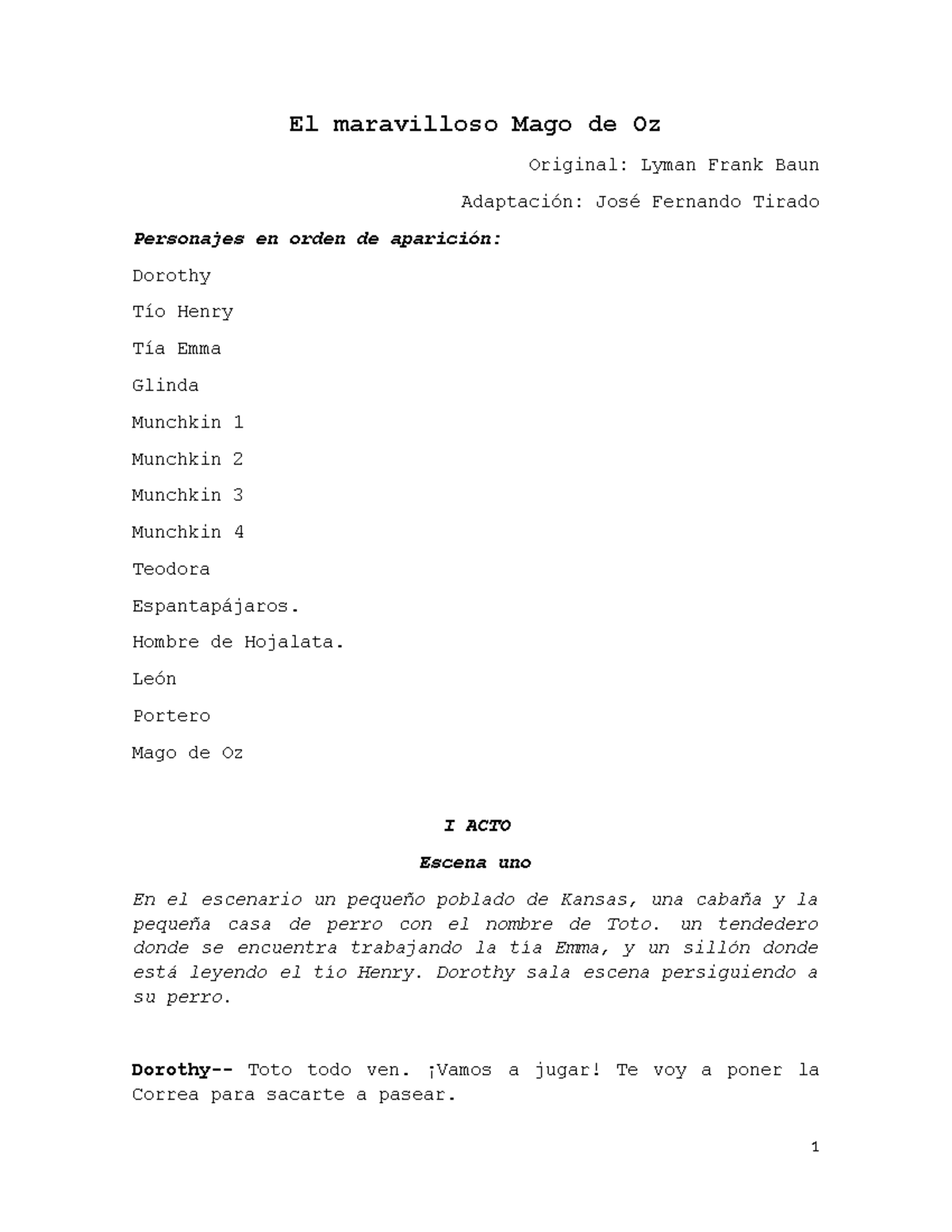 Guion Musical: El Maravilloso Mago de Oz (Adaptación de José Fernando ...