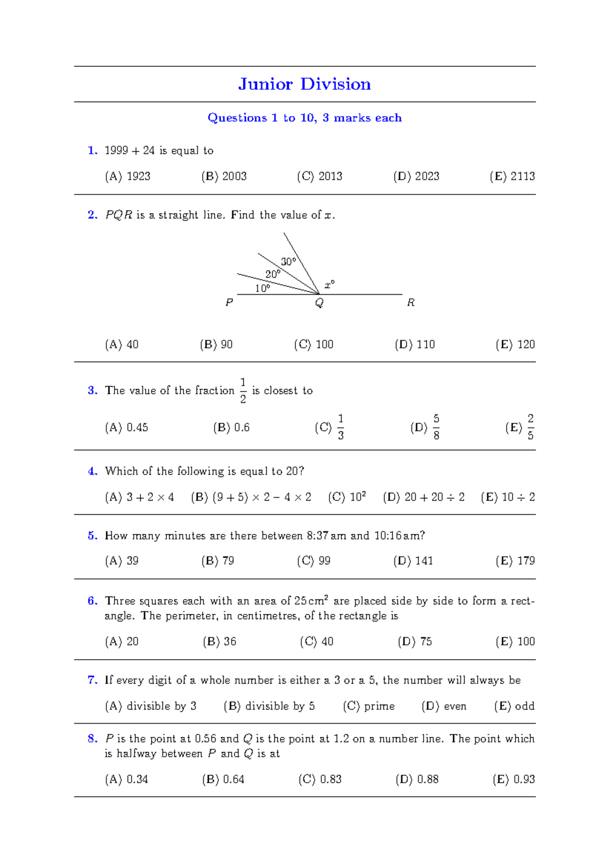 2013 AMC Junior Division Years 7 & 8 Questions Summary - Studocu