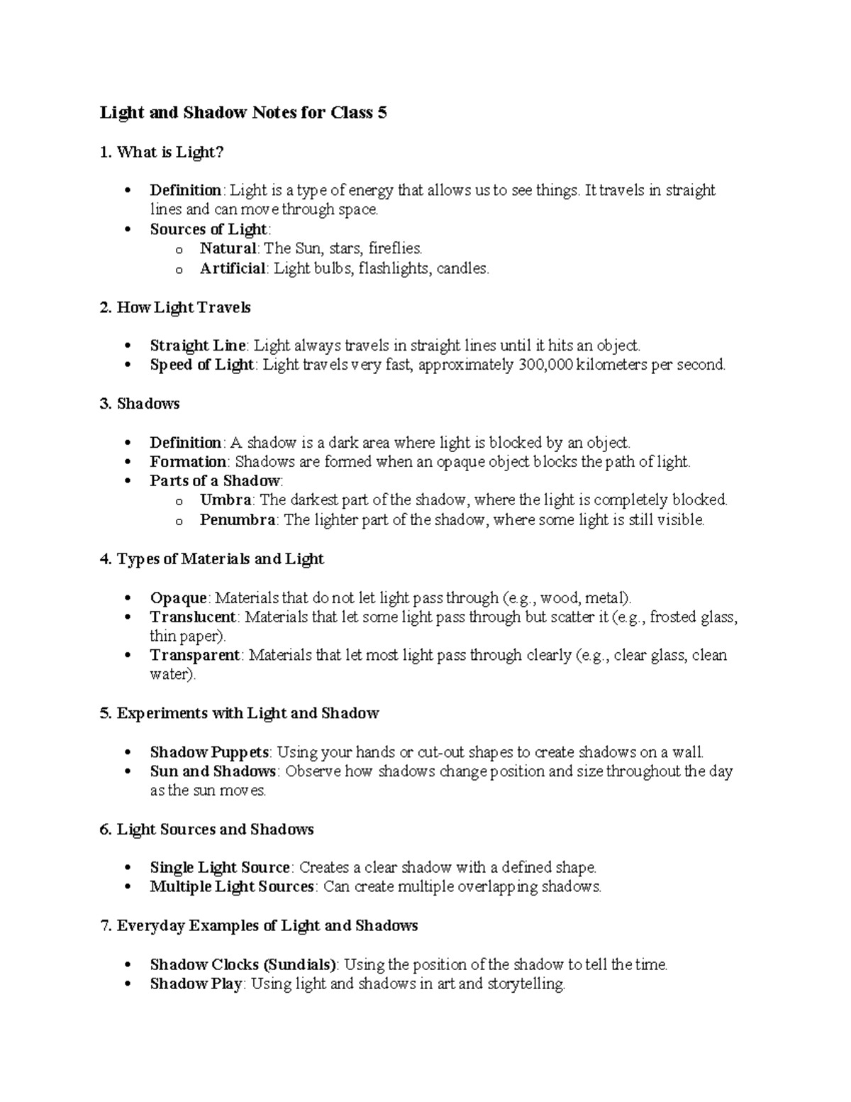 Class 5 Light and Shadow Study Notes: Understanding Light's Nature ...