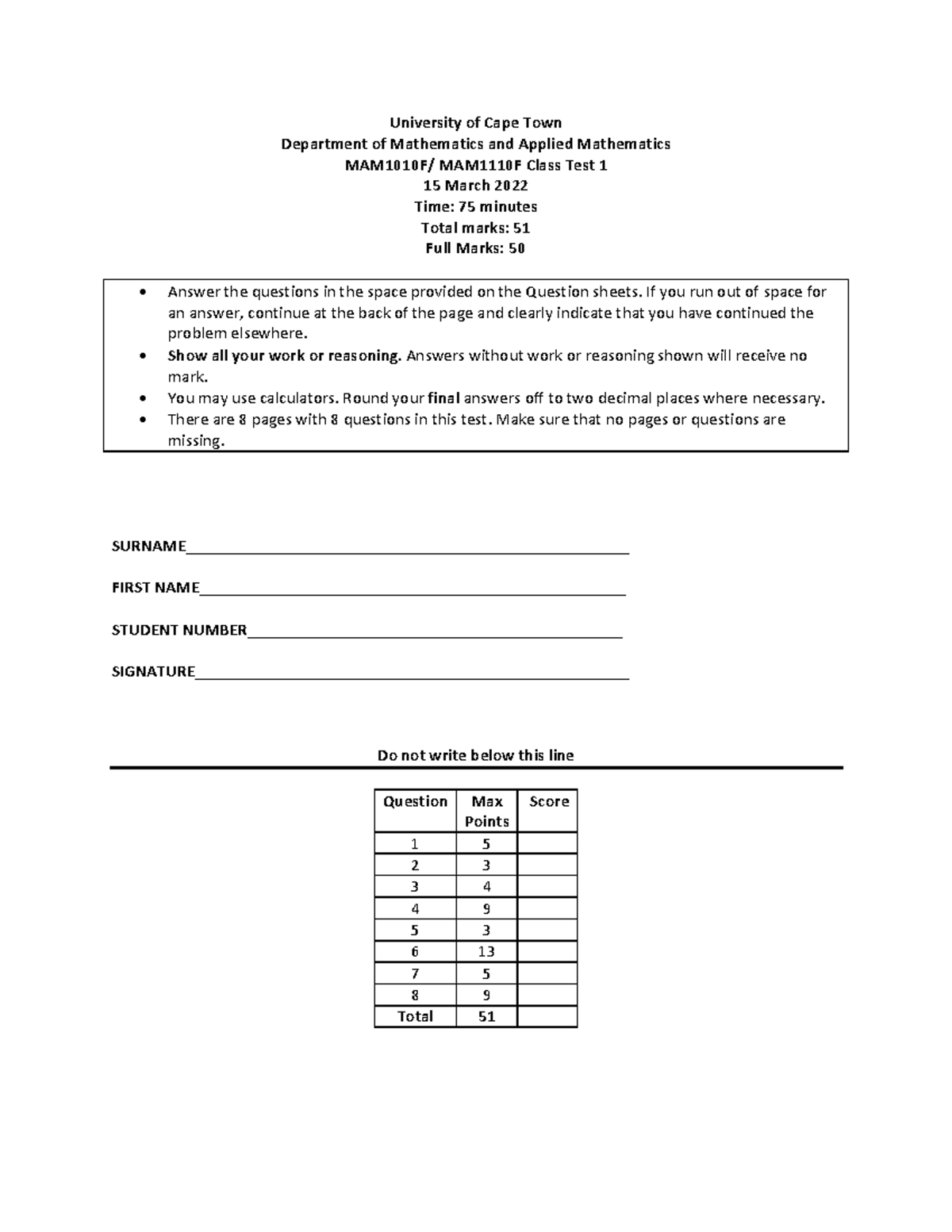 MAM1010F - MAM1110F Class Test 1 2022 - University of Cape Town ...