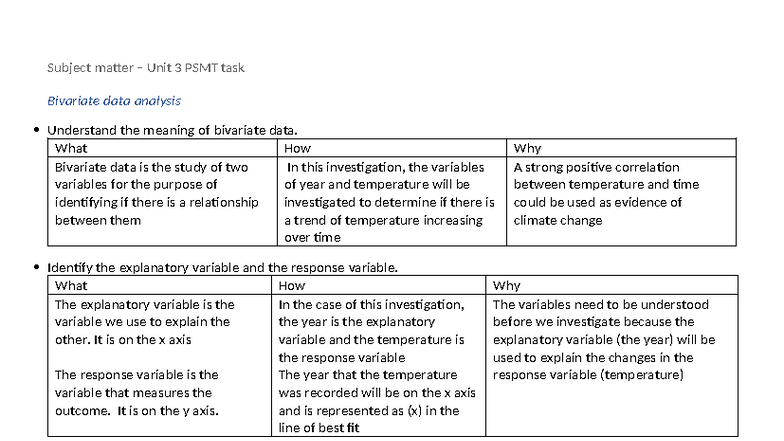 PSMT Unit 3: Bivariate Data Analysis & Climate Change Trends - Studocu