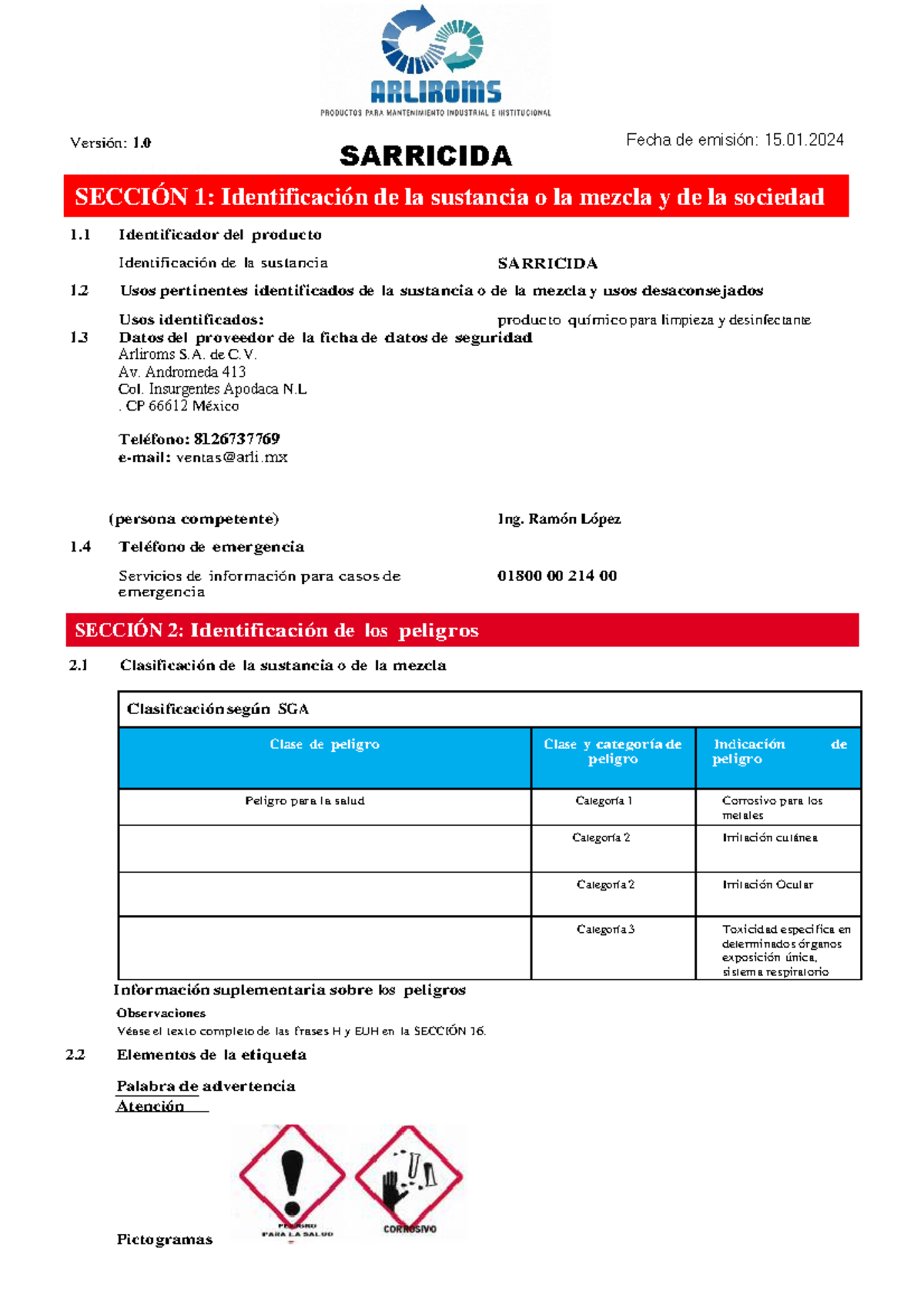 13. Sarricida - Información de Seguridad y Manejo - Studocu