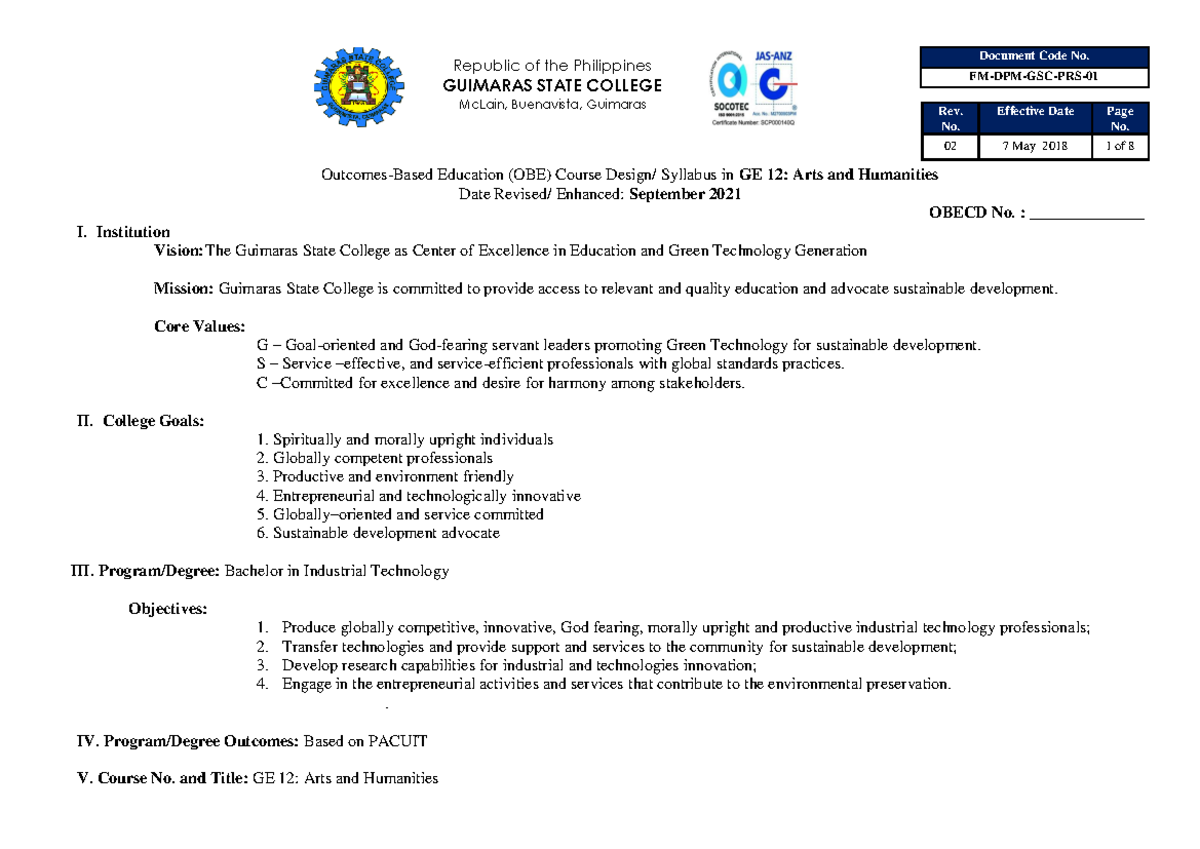 GE 12: Arts and Humanities Syllabus (Guimaras State College) - Studocu