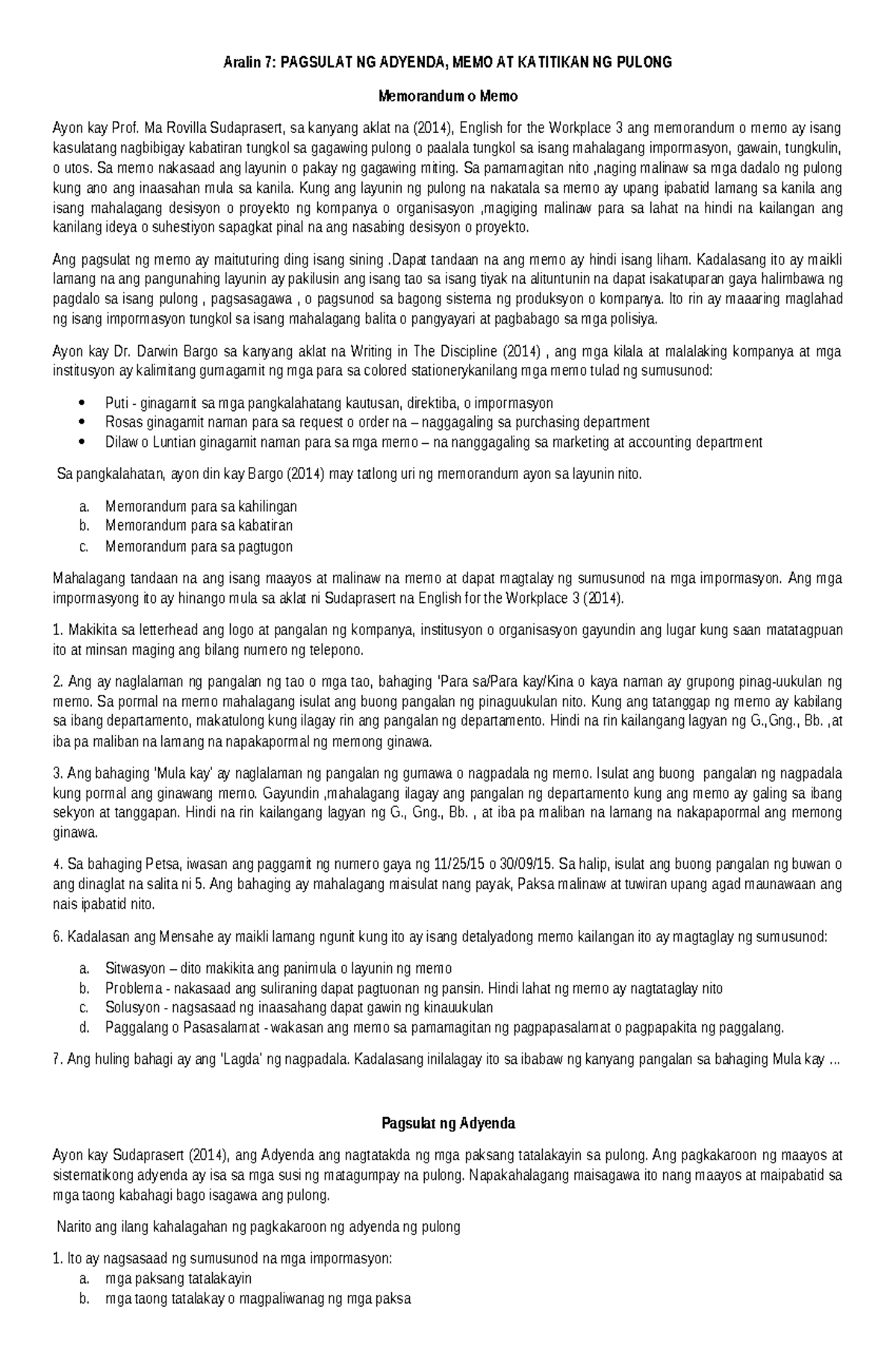 Aralin 7: Pagsulat ng Memo, Adyenda, at Katitikan ng Pulong - Studocu