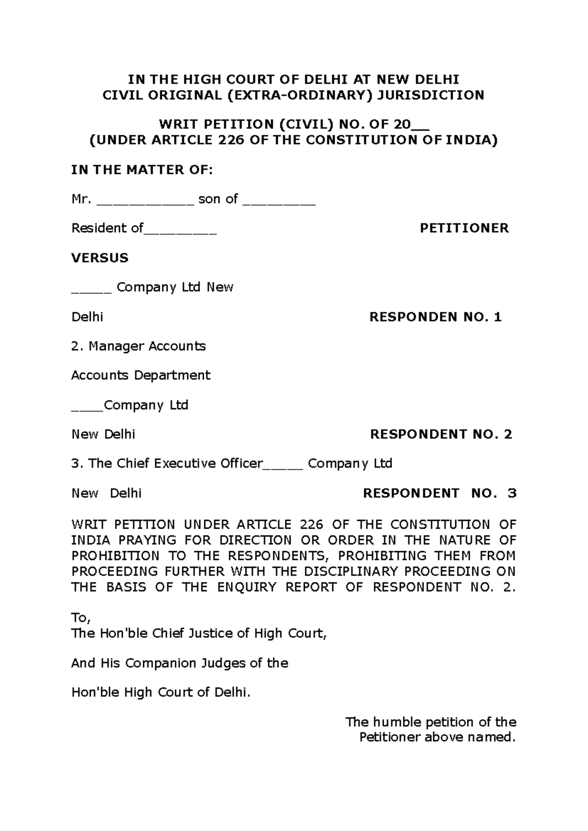 Writ Petition (Civil) No. ___ for Prohibition under Article 226 - Studocu