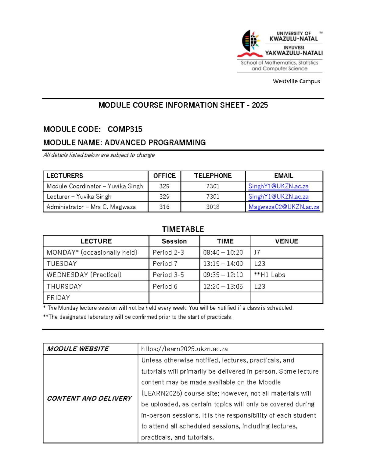 COMP 315: Advanced Programming Course Outline - 2025 - Studocu