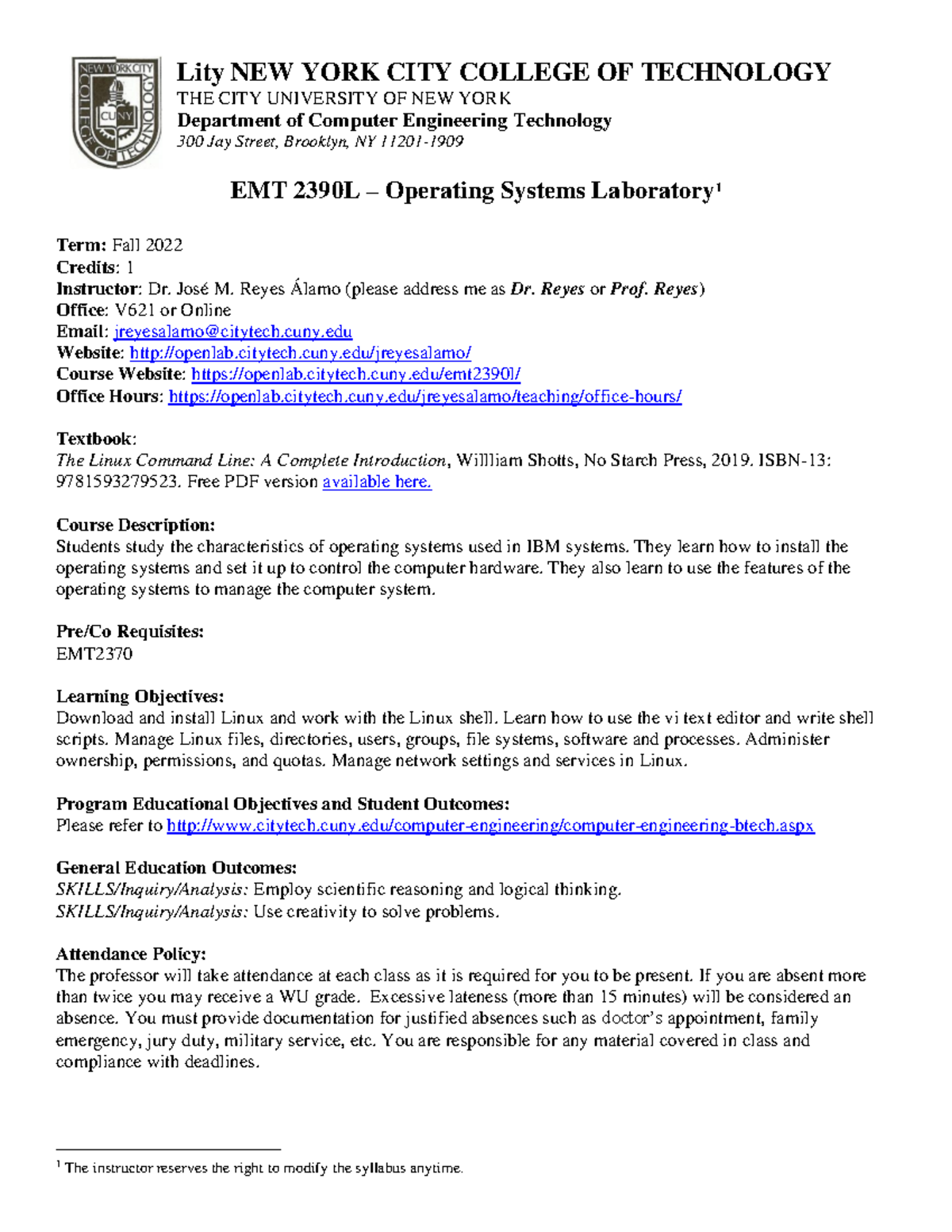 Syllabus for EMT 2390L: Operating Systems Lab - Fall 2022 - Studocu