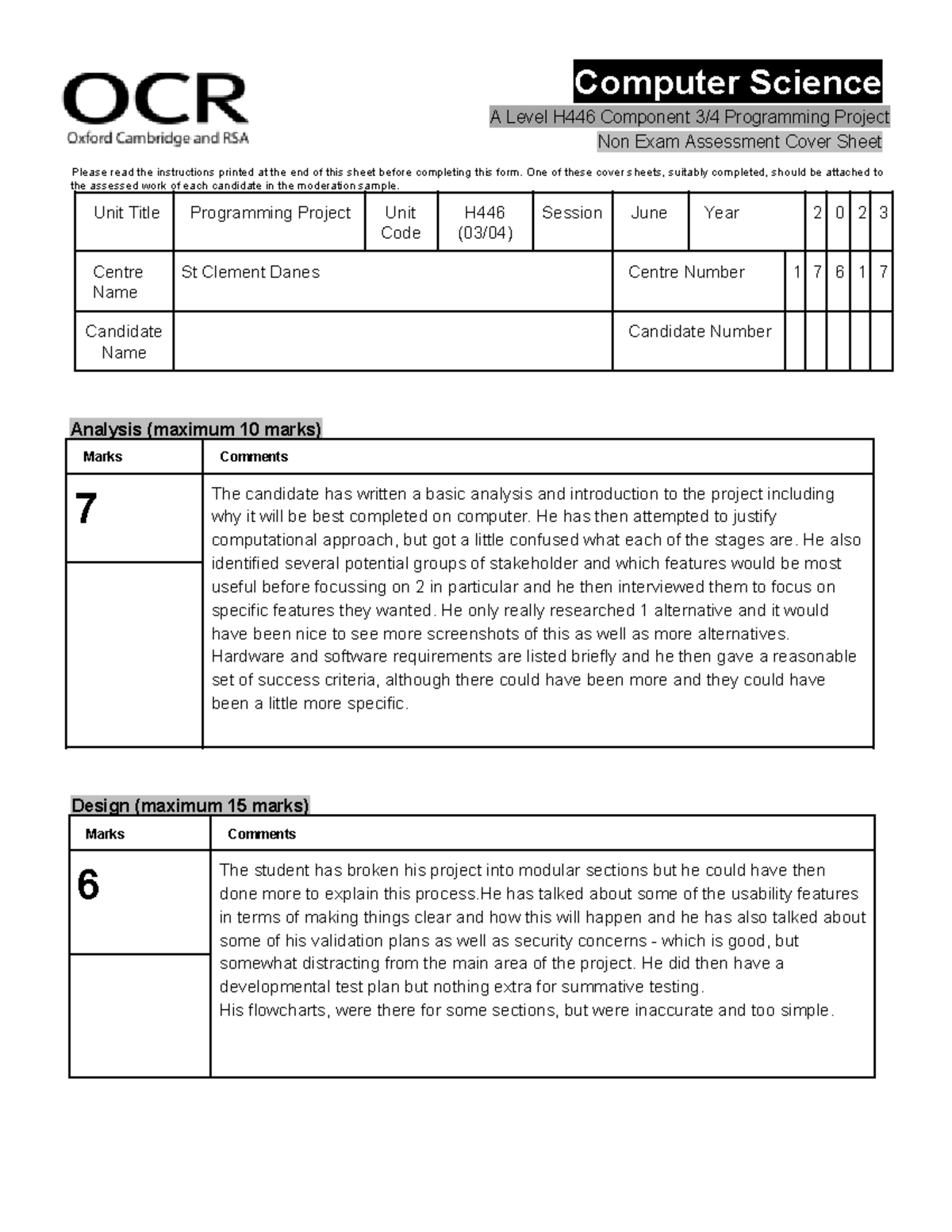 Computer Science A Level H446 Programming Project Assessment Marksheet ...