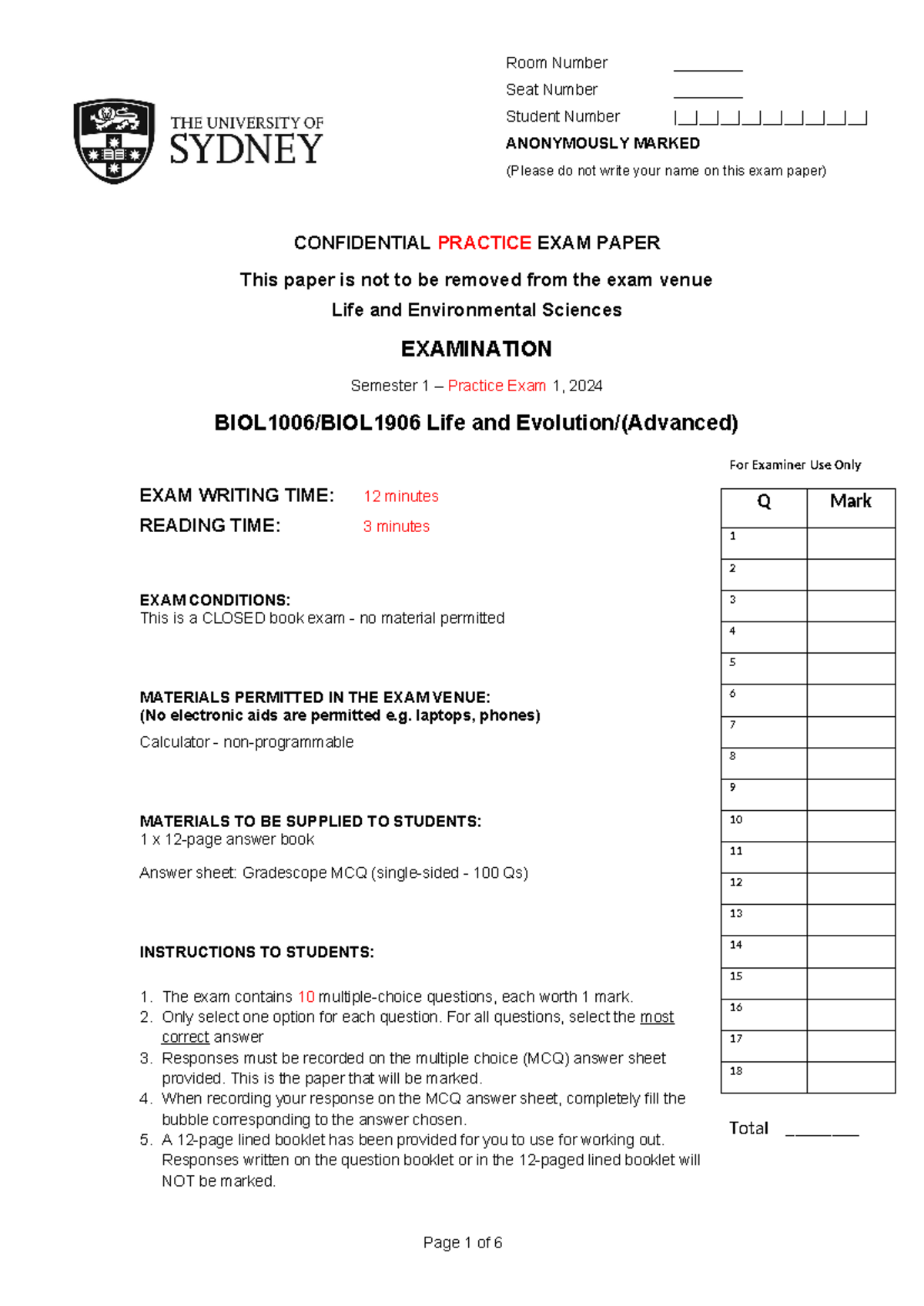 BIOL1006/BIOL1906 Practice Exam Paper 1 - Life and Evolution 2024 - Studocu