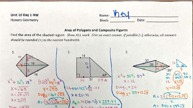 Unit 10 HW 1 KEY - Honors Geometry Area of Polygons & Figures - Studocu