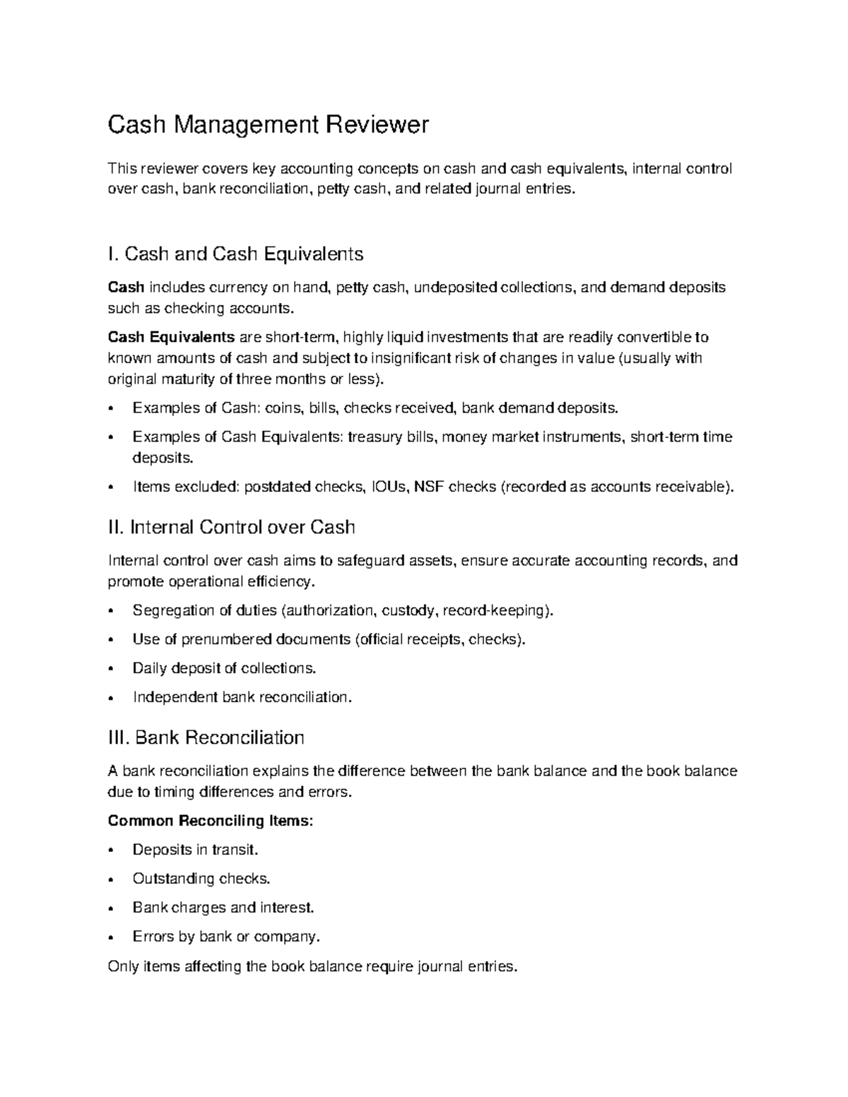 Cash Management Review: Key Concepts & Internal Controls - Studocu