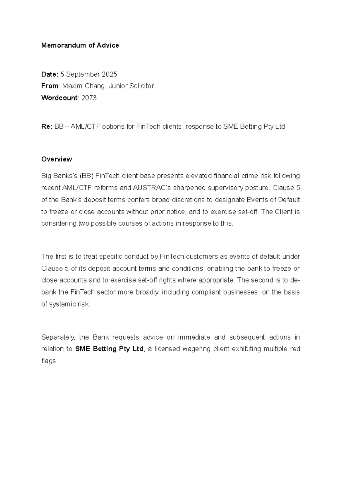 Memorandum of Advice: BB Options for FinTech Response to SME Betting ...