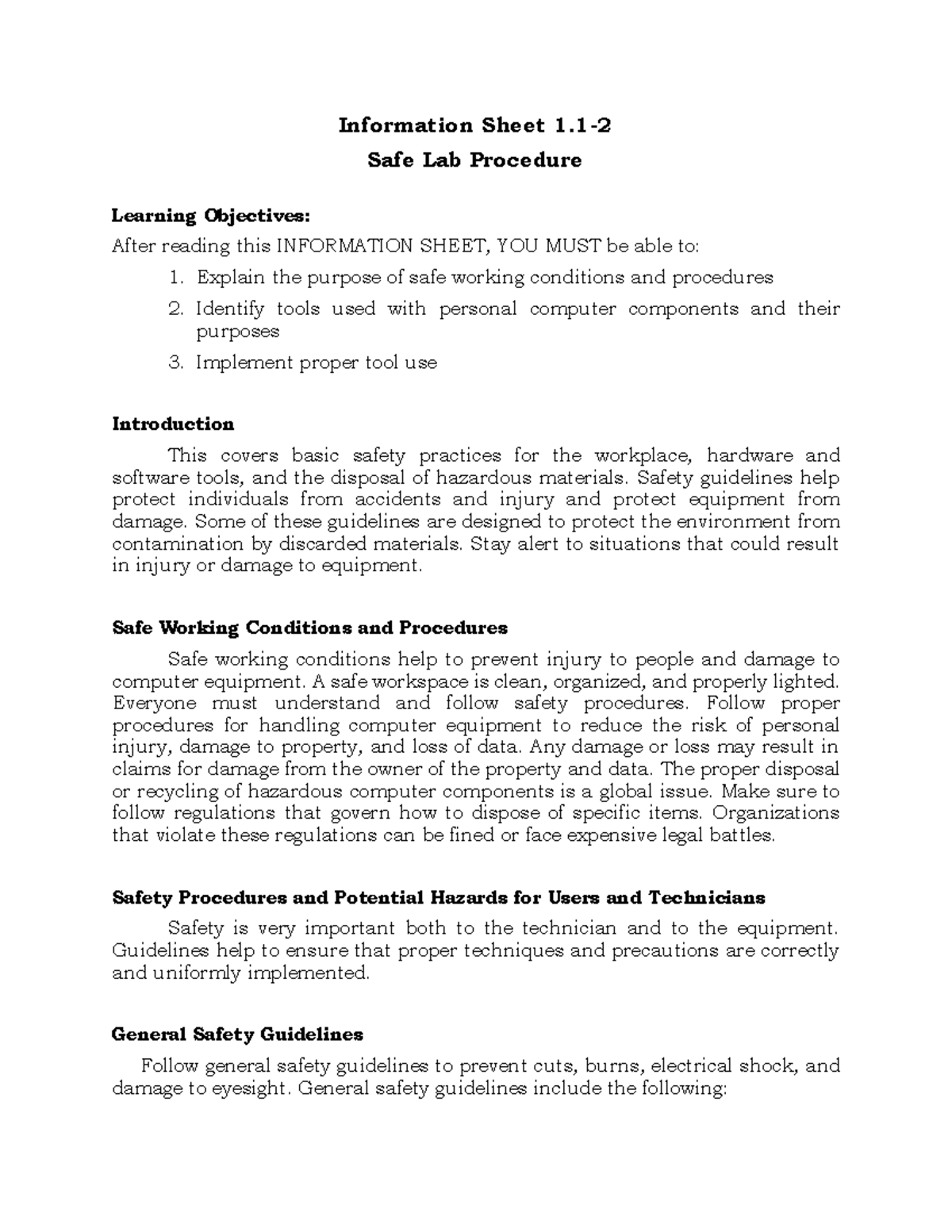 About Computer 2-Safe Lab - Information Sheet 1- Safe Lab Procedure ...
