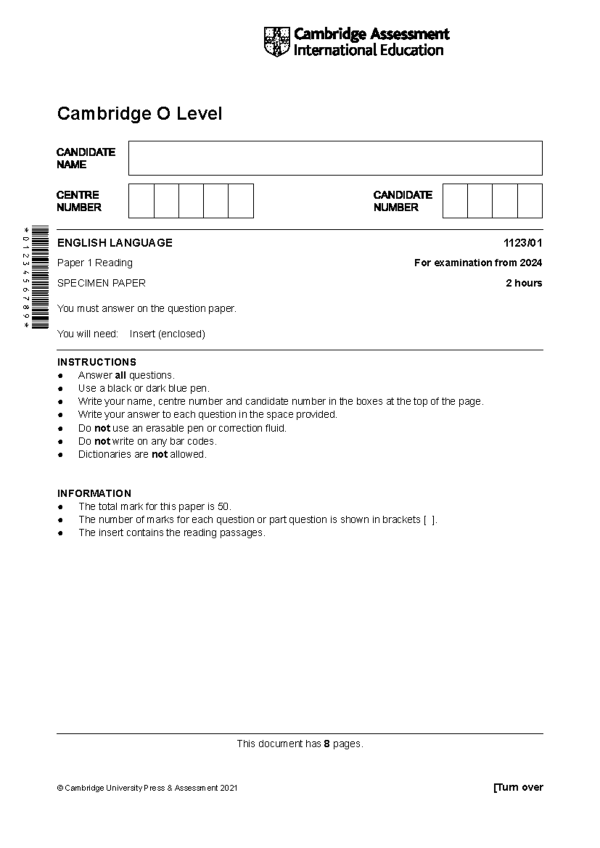 634561 ENGLISH 1123 Specimen Paper 1 for 2024 Exam - Studocu