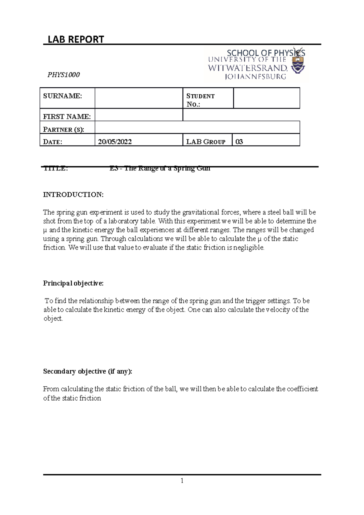 PHYS 1000 Lab Report: Spring Gun Experiment on Range and Friction - Studocu