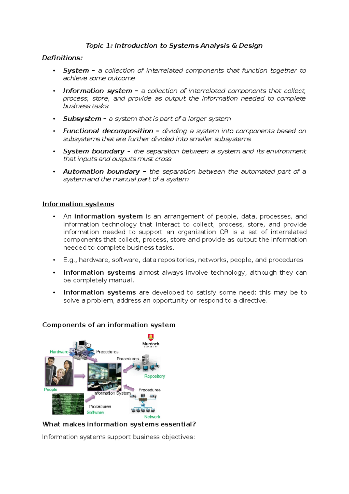 ICT284 Notes - Topic 1: Introduction to Systems Analysis & Design ...