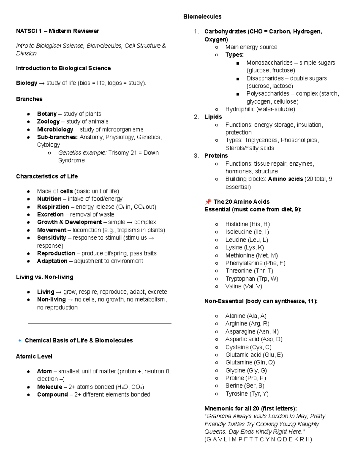 Biomolecules and Cell Structure NATSCI 1 Midterm Reviewer - Studocu