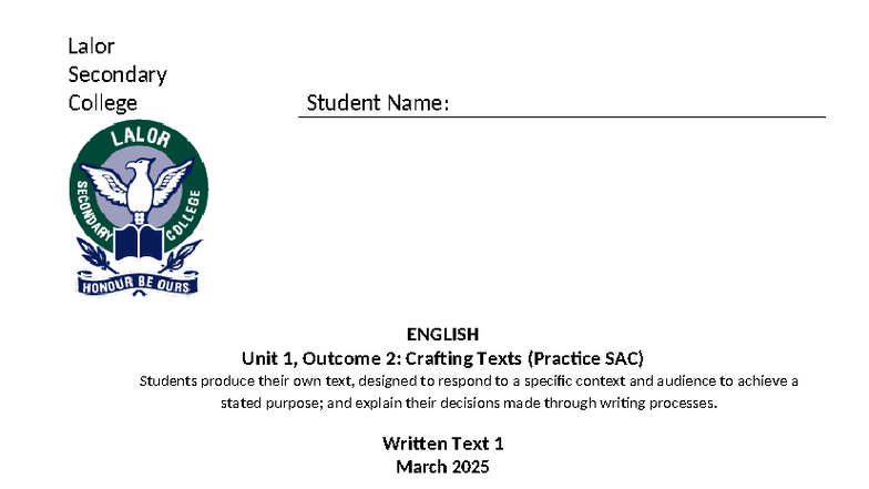 Crafting Texts Practice SAC - VCE English Unit 1, Outcome 2 - Studocu