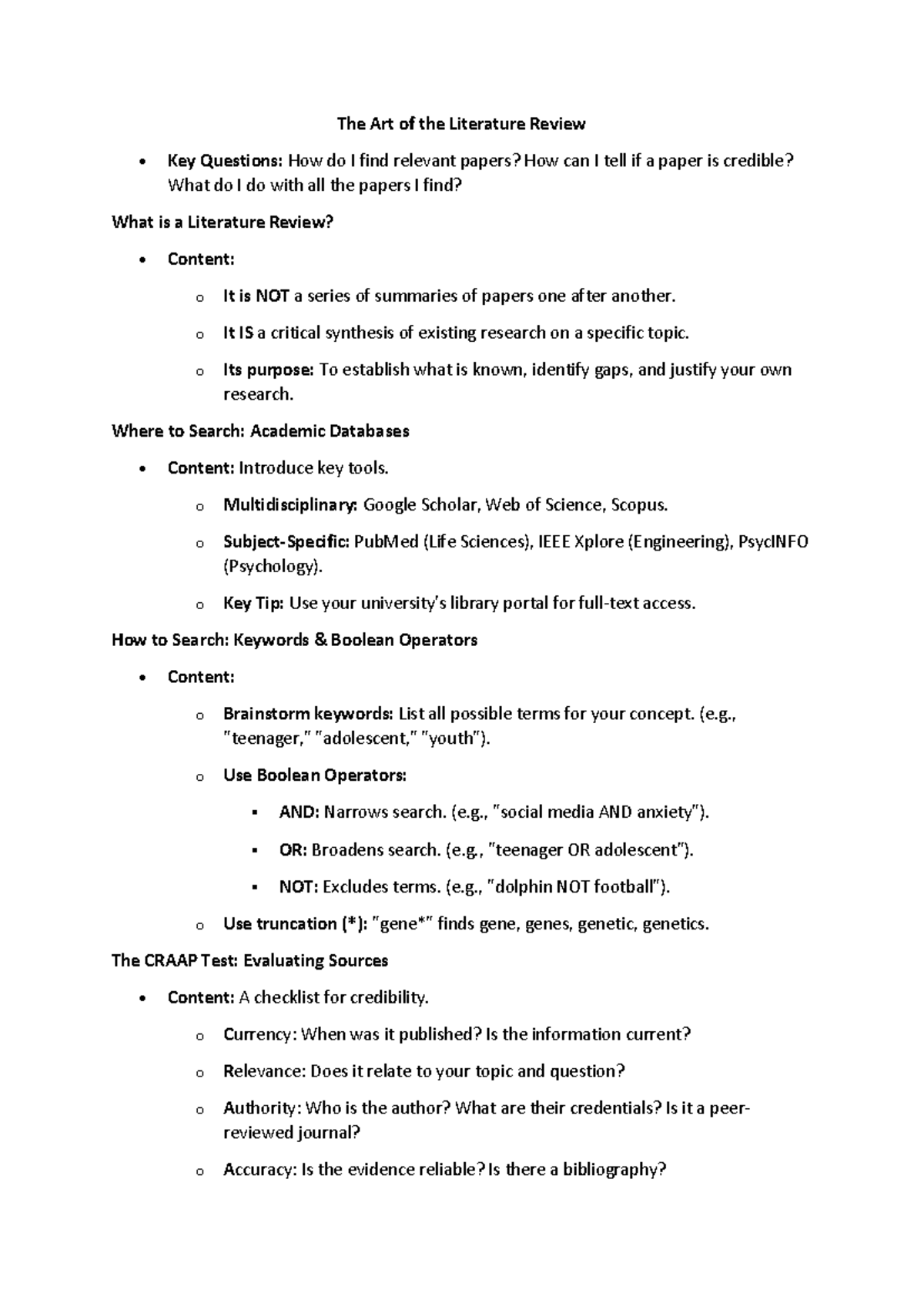 Lecture 4: The Art of the Literature Review and Key Questions - Studocu