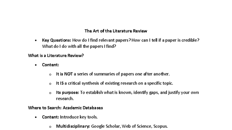 Lecture 4: The Art of the Literature Review and Key Questions - Studocu